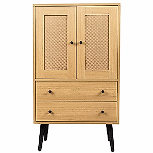 Hcman Sideboard Buffet Cabinet with Storage, Rattan Cabinet with Wooden Legs & 2 Drawers for Entryway, Living Room, Kitchen, Dining Room