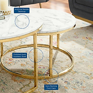 Modway Ravenna Artificial Marble Coffee Table in Gold White, 35.5 x 35.5 x 18