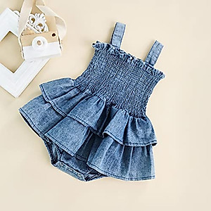 Baby Girl Denim Rompers Sleeveless Suspender Pleated Ruffle Hem Bottom Snap Jumpsuits Dress Clothes (Blue, 0-3 Months)