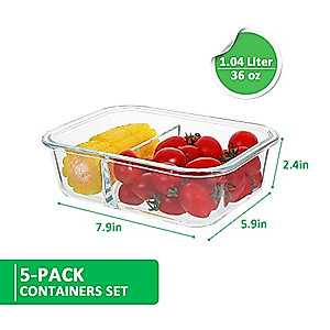 KOMUEE Glass Meal Prep Containers 2 Compartments,Glass Lunch Containers Set Glass Food Storage Containers with Lids,Glass Bento Box,Gray