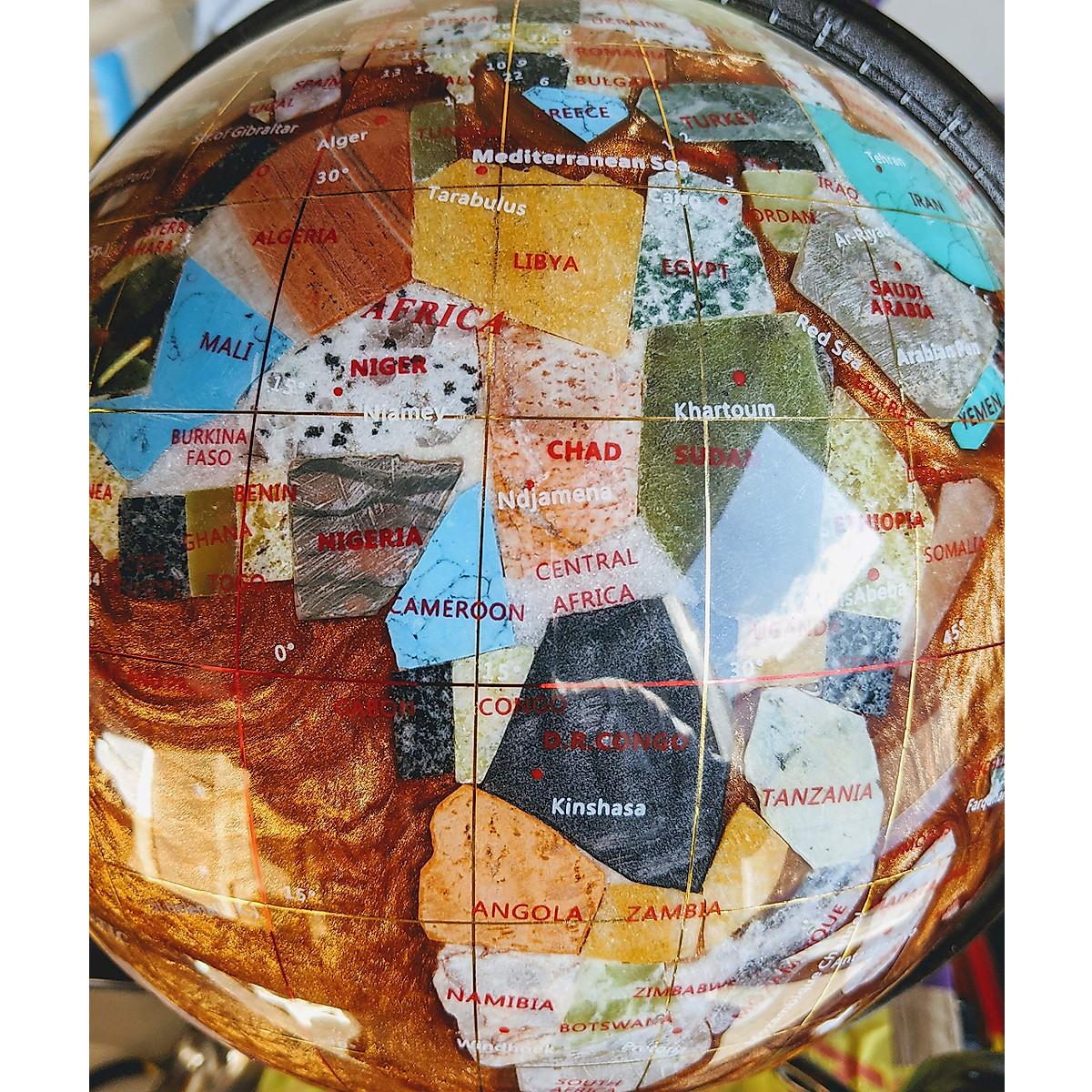 14" Tall Amber Pearl Gold Stand Gem Gemstone World Map Globe Globes Maps