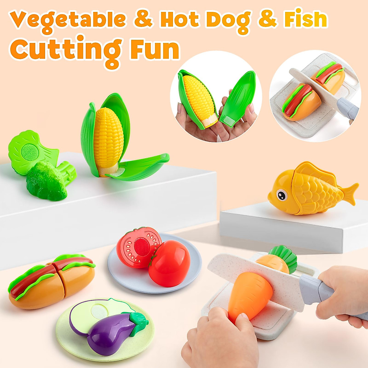 EFOSHM Pretend Play Kitchen Accessories Set, 44PCS Kids Kitchen Playset Cookware Toys with Play Pots and Pans, Gas Stove with Sound & Light,Cooking Utensils Play Food Kitchen Toys Gift for Girls Boys