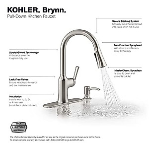 KOHLER Brynn Pull Down Kitchen Faucet, 2 Function sprayhead, Magnetic Docking, Stainless Steel, K-R23089-SD-VS
