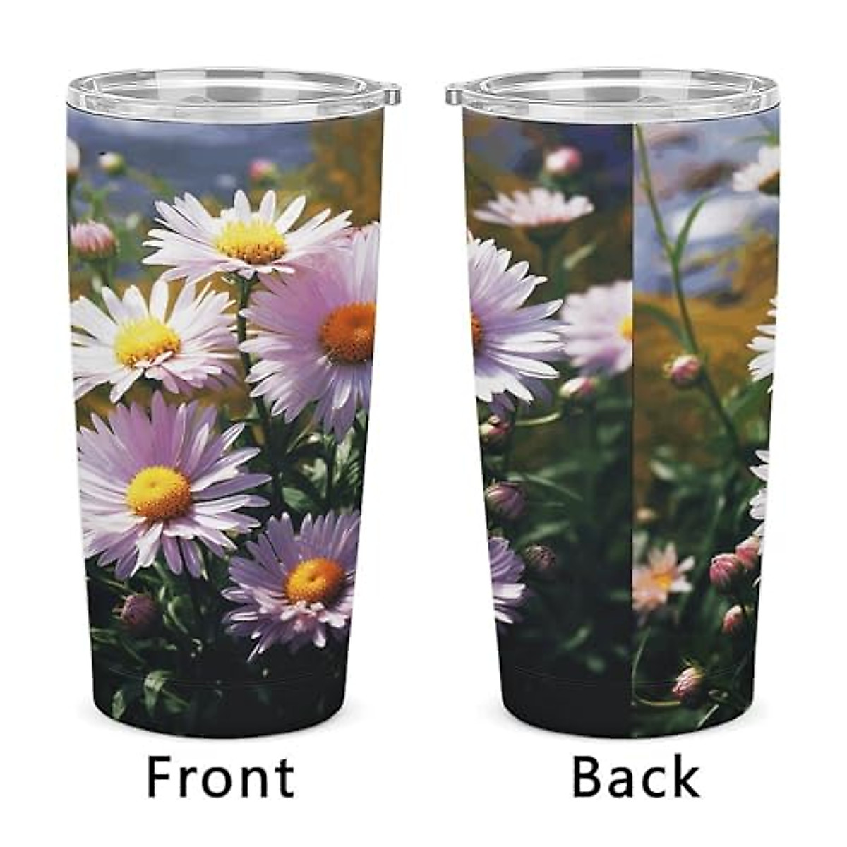 FHENMSA Stainless Steel Insulated Travel Coffee Mug,Daisy Plants Print Reusable Car Cup,Thermal Cup for Outdoor with Straw And Lid