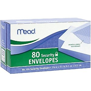 Mead #6-3/4 Envelopes, Security Printed Lining for Privacy, Gummed Closure, All-Purpose 20-lb Paper, 3-5/8" x 6-1/2", White, 80/Box (75212)