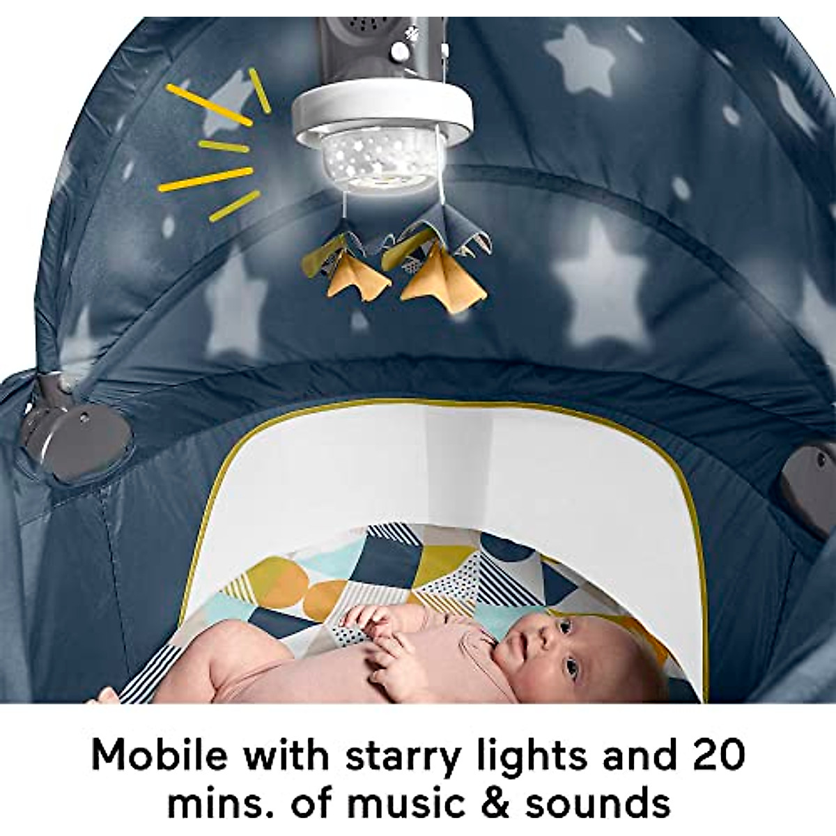 Fisher-Price Portable Baby Bassinet And Play Space Deluxe On-The-Go Projection Dome With Lights Music And Canopy, Cool Hues