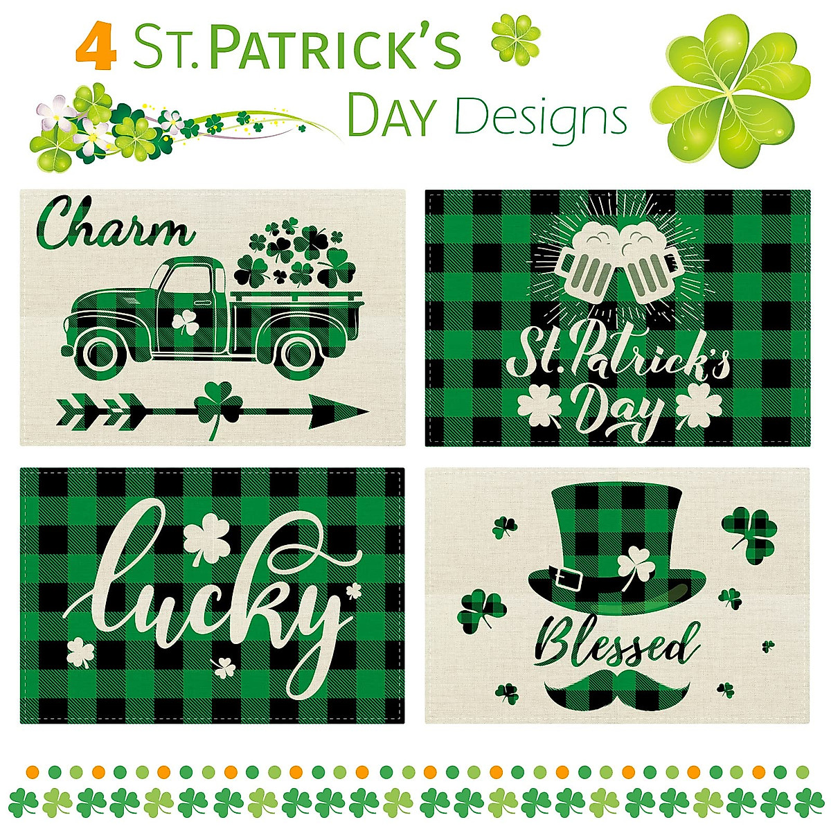 St. Patrick's Day Placemat Buffalo Plaid Place Mats for Dining Table Shamrock Clover Truck Lucky Blessed Charm Holiday Rustic Washable Table Mat for St. Patrick's Day Party Home Decorations Supplies