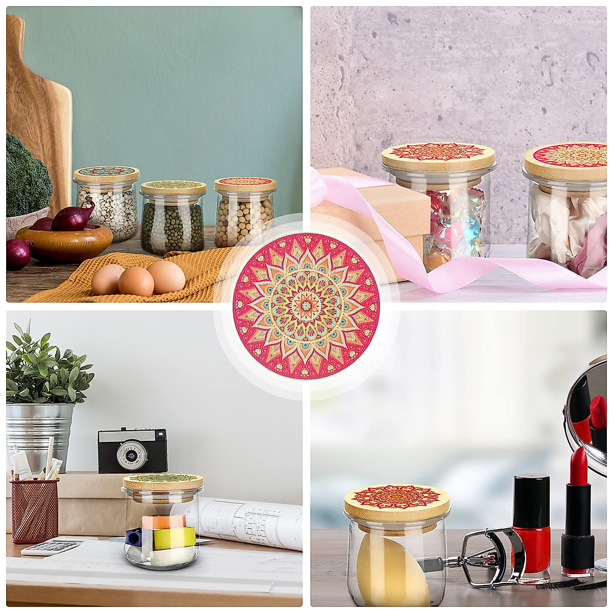 Skyley 12 Pack Storage Yogurt Jar Lids Set Bamboo Wood with Silicone Sealing Rings Wide Mouth Mandala Pattern Wooden Lids Compatible with Oui Yogurt Jars Reusable Jar Lids