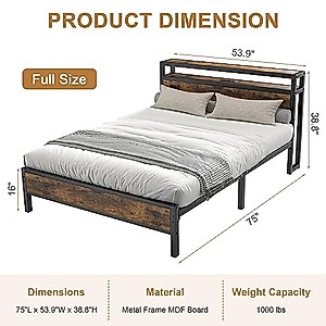 Pliwier Full Bed Frame with Charging Station Headboard, Platform Bed with 2-Tier Storage Shelf, Strong Support Legs, Noise-Free, No Box Spring Needed, Easy Assembly