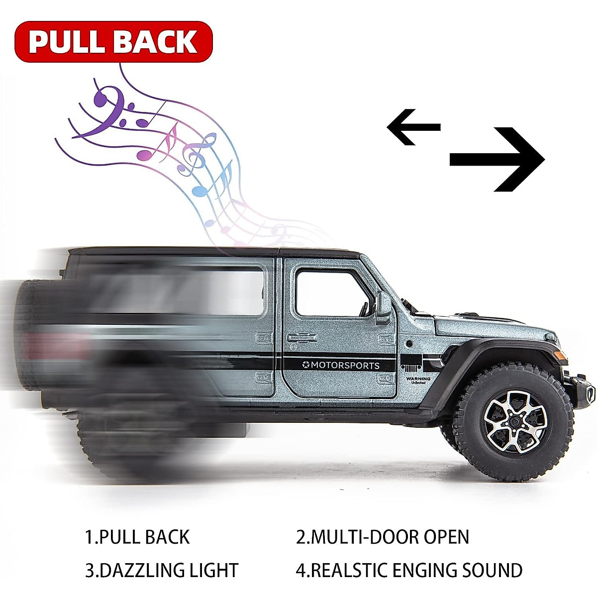 WAKAKAC Compatible for 7 Door Wrangler Toy Car 1/32 Die-cast Pull Back Model Car with Sound and Light Toy Vehicle Cars for Kids Ages 4-8 Festival Gift Silver Car
