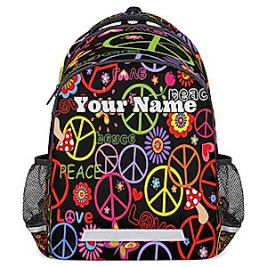 Custom Rainbow Peace Sign Backpack for Men Women with Name Personalized Peace Love Heart Flower School Bookbag Backpacks Customized Travel Casual Daypack Laptop Bag