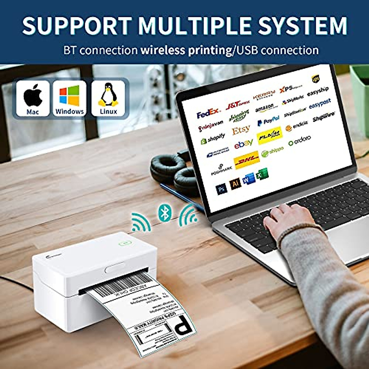 Label Printer - 180mm/s Wireless Shipping Label Printer, 4×6 Commercial Direct Thermal Label Printer for Shipping Packages, Label Maker, Compatible with USPS, UPS, Support BT (Contact CS for Driver)