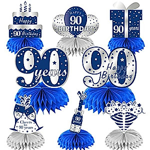 Kauayurk 8Pcs 90th Birthday Honeycomb Centerpieces Decorations for Men, Blue Silver 90 Year Old Birthday Table Centerpiece Party Supplies, 90 Birthday Table Topper Decor Sign