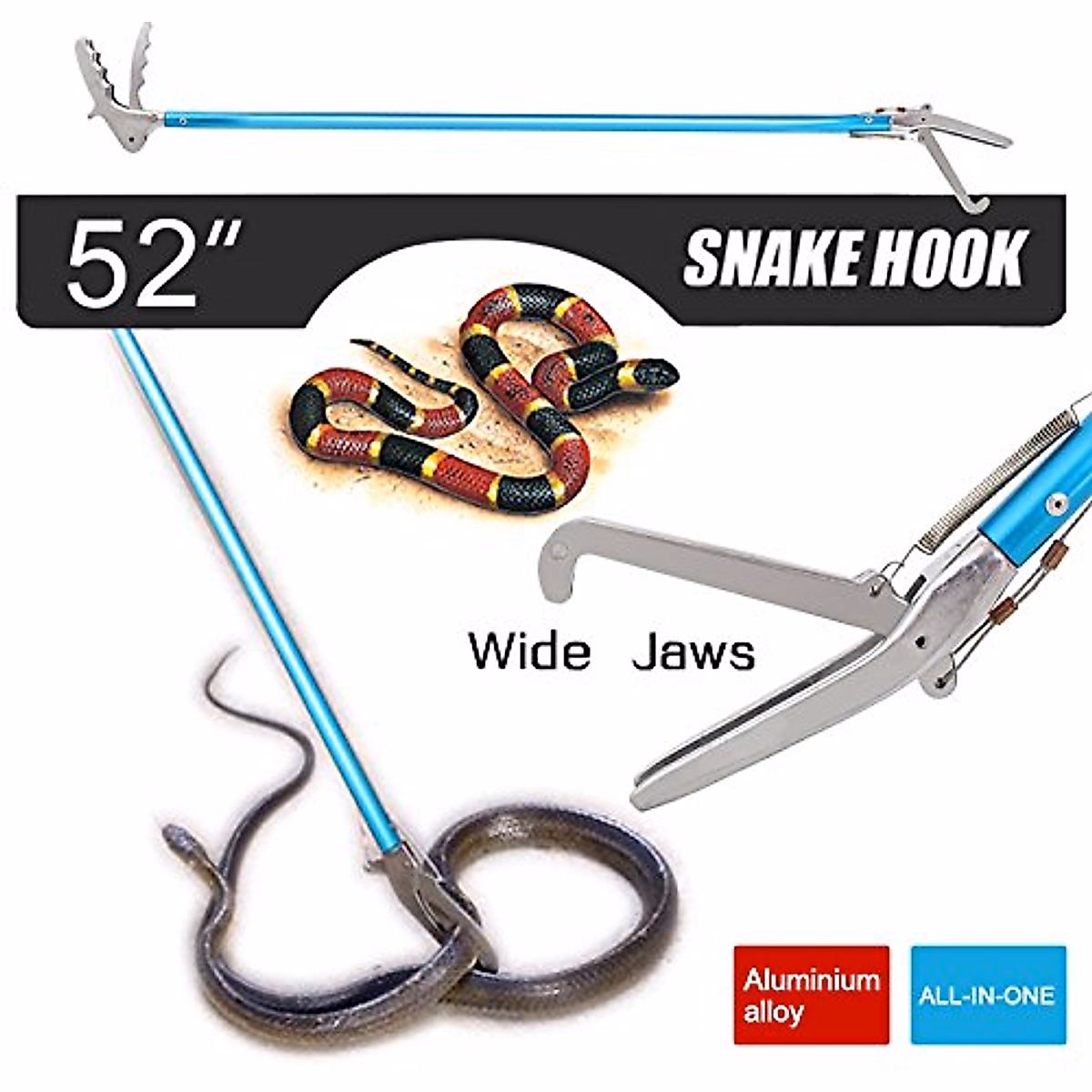 Fnova 52" Professional Snake Tongs, Most Advanced All-in-One Snake Catcher with Patented Built-in Spring Mechanism, No Extra Repair Kit Needed, Aluminum Alloy Body, Wide Jaw ，Blue