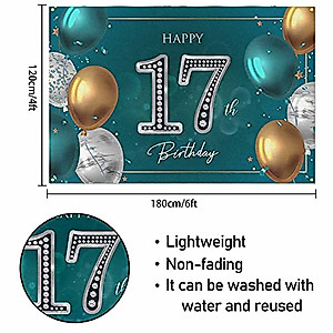 HAMIGAR 6x4ft Happy 17th Birthday Banner Backdrop - 17 Years Old Birthday Decorations Party Supplies for Girls Boys - Green Silver