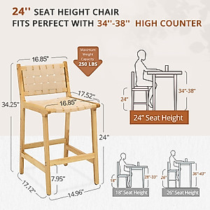LUE BONA Counter Height Bar Stools 24inch, Set of 4 Faux Leather Woven Counter Stool with Backs, Woven Strips Rattan Barstools with Wood Legs for Home Kitchen, Deep Beige