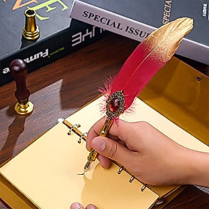 Jubapoz Feather Pen Calligraphy Pen and Ink Set Antique Platinum Quill Pens with Ink for Writing, Drawing, Signature, Wedding, Birthday Gifts, Retro Decor (Navy Blue+Golden)