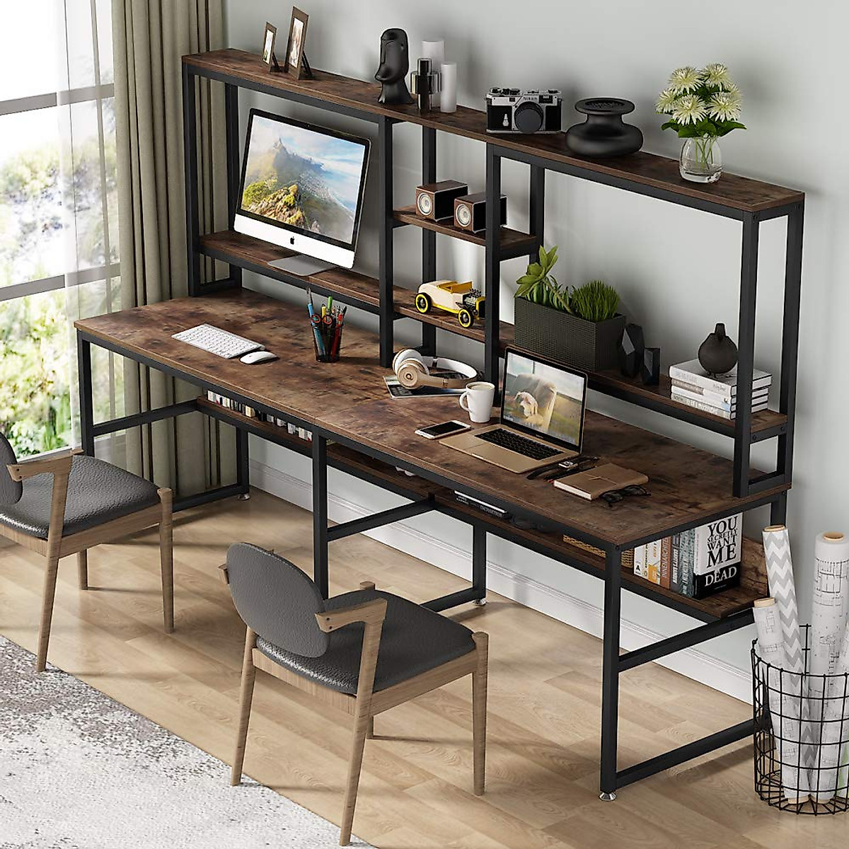 Tribesigns 94.5 inch Two Person Desk with Hutch, Double Workstation Computer Desk with Storage Shelves, Large Industrial Office Desk Study Writing Table with Bookshelf for Home Office, Rustic Brown