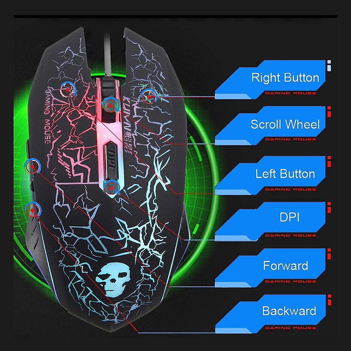 Axiba Waterproof Gaming Keyboard Mouse Sets USB Wired 104 Keys Skull Rainbow LED Backlit Multimedia Ergonomic Gamer Keyboard 2400DPI 6 Buttons Optical Professional Game Mice + Mouse Pad (Skull White)