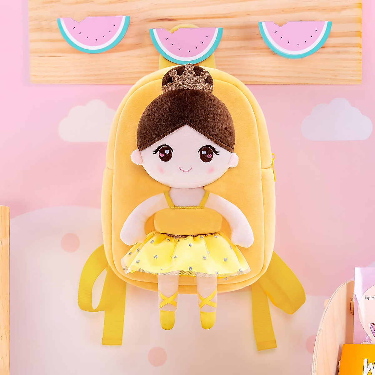 Gloveleya Toddler Backpack for Kids Soft Toys Plush Ballet Girl Doll Yellow 9 Inches
