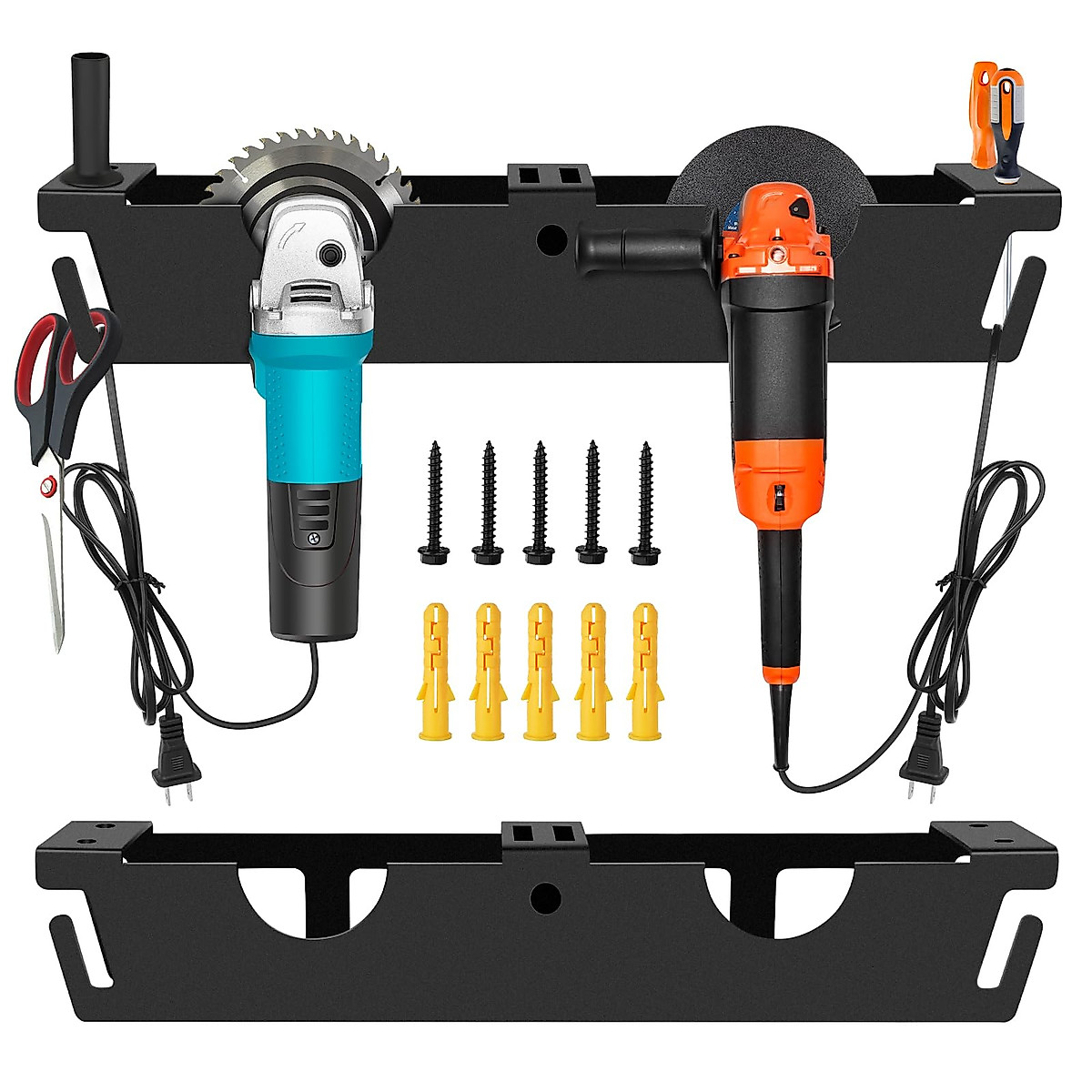 Birstlye Angle Grinder Holder,2 Bay Angle Grinder Rack Wall Mount Bracket, Angle Grinder Storage Rack With Screws & Screw Caps for Cutters Polishers Angle Grinders