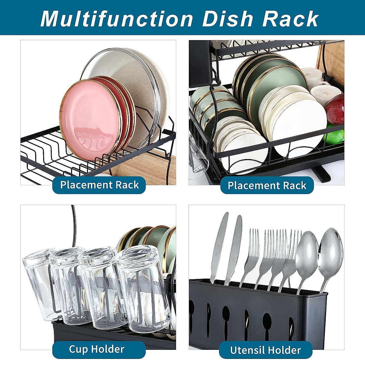 Johamoo Dish Drying Rack with Drainboard, 2 Tier Dish Rack for Kitchen Counter, Large Capacity Dish Drainer Set with Utensils Holder, Black