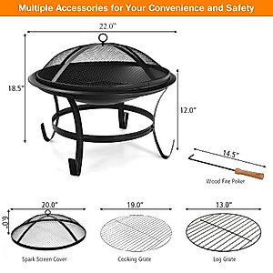 Giantex 22" Outdoor Firebowl, Portable Firepit Bowl with BBQ Grill Mesh Spark Screen Cover, Poker and 2 Log Grates/Grilling Grate and Wood Grate, Wood Burning Fire Pit w/Grilling Handle