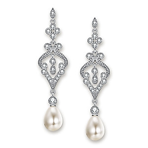 EVER FAITH 925 Sterling Silver CZ Freshwater Cultured Pearl Vintage 1920s Teardrop Chandelier Dangle Wedding Earrings