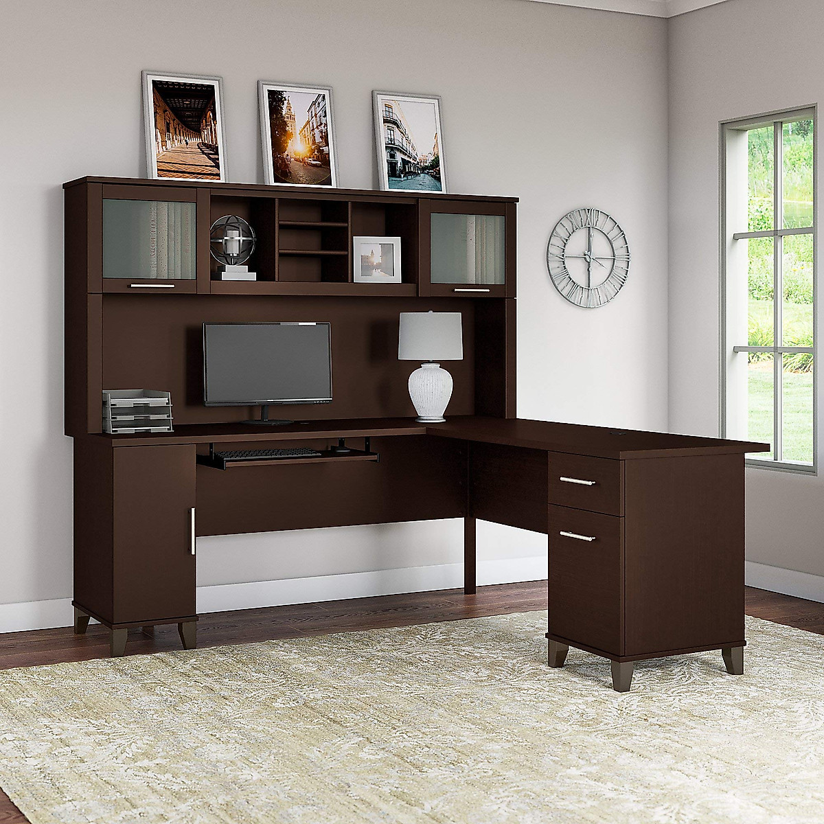 Bush Furniture Somerset L Shaped Desk with Hutch, 72W, Mocha Cherry
