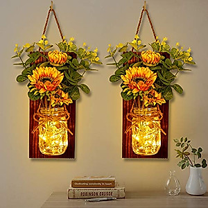 AerWo Sunflower Mason Jar Sconces Wall Decor Set of 2, Upgraded Hanging Sunflower Wall Decor with Remote LED Fairy Lights Rustic Wall Sconces for Farmhouse Kitchen Decorations Wall Home Decor