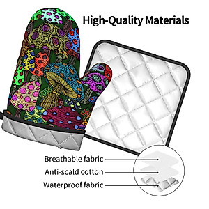 Dewoofly Forest Mushroom Art Painting Heat Resistant Oven Mitts and Pot Holders Sets, Thick Kitchen Gloves for BBQ