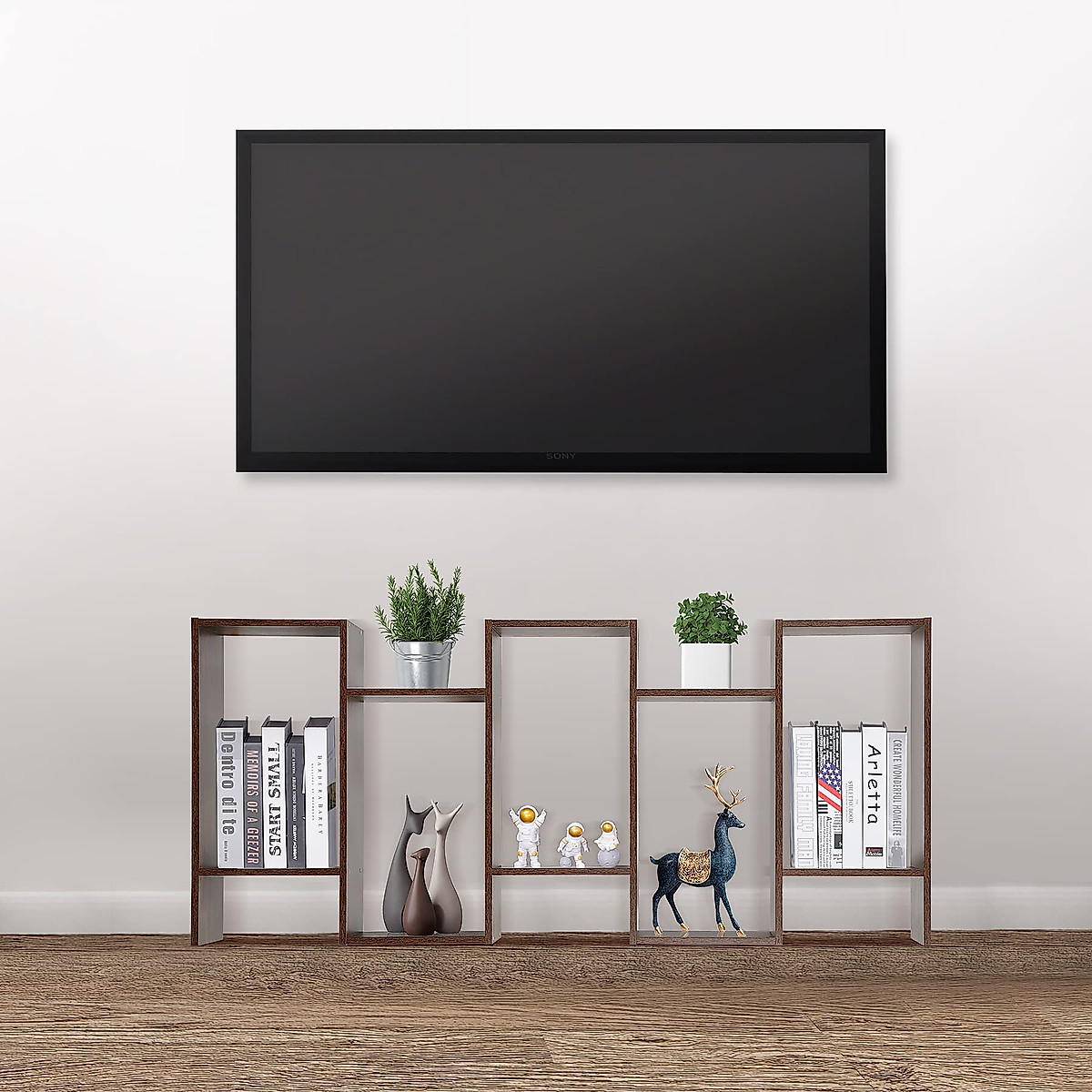 Epetlover 5 Tier Bookshelf S-Shaped Geometric Bookcase Wooden Floor Standing Open Shelf Bookshelves Display Storage Shelf & DVD Shelves for Living Room Bedroom Office, Rustic Brown