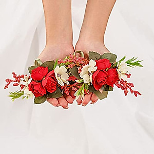 Campsis Wedding Wrist Flower Corsage Red Handmade Floarl Hand Flower Bride Bridal Artificial Wristlet for Prom Party Beach Photography 2PCS