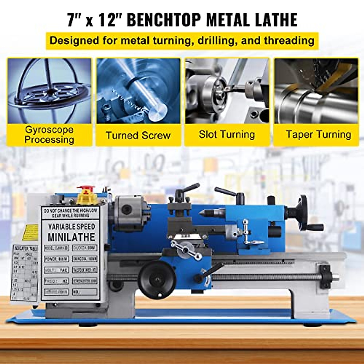 Mophorn Metal Lathe 7 x 12 Inch, Precision Mini Metal Lathe 2250 RPM 550W Variable Speed, Mini Lathe Precision Bench Top Metal Working Lathe for Various Types of Metal Turning