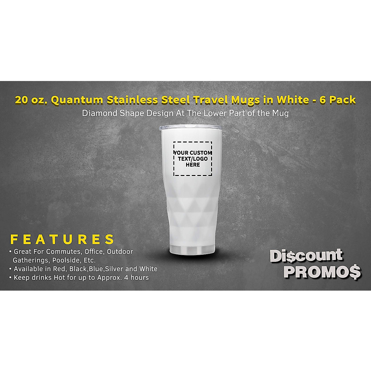 Personalized 20 oz. Quantum Stainless Steel Travel Mugs - 6 pack Custom Text, Logo - White