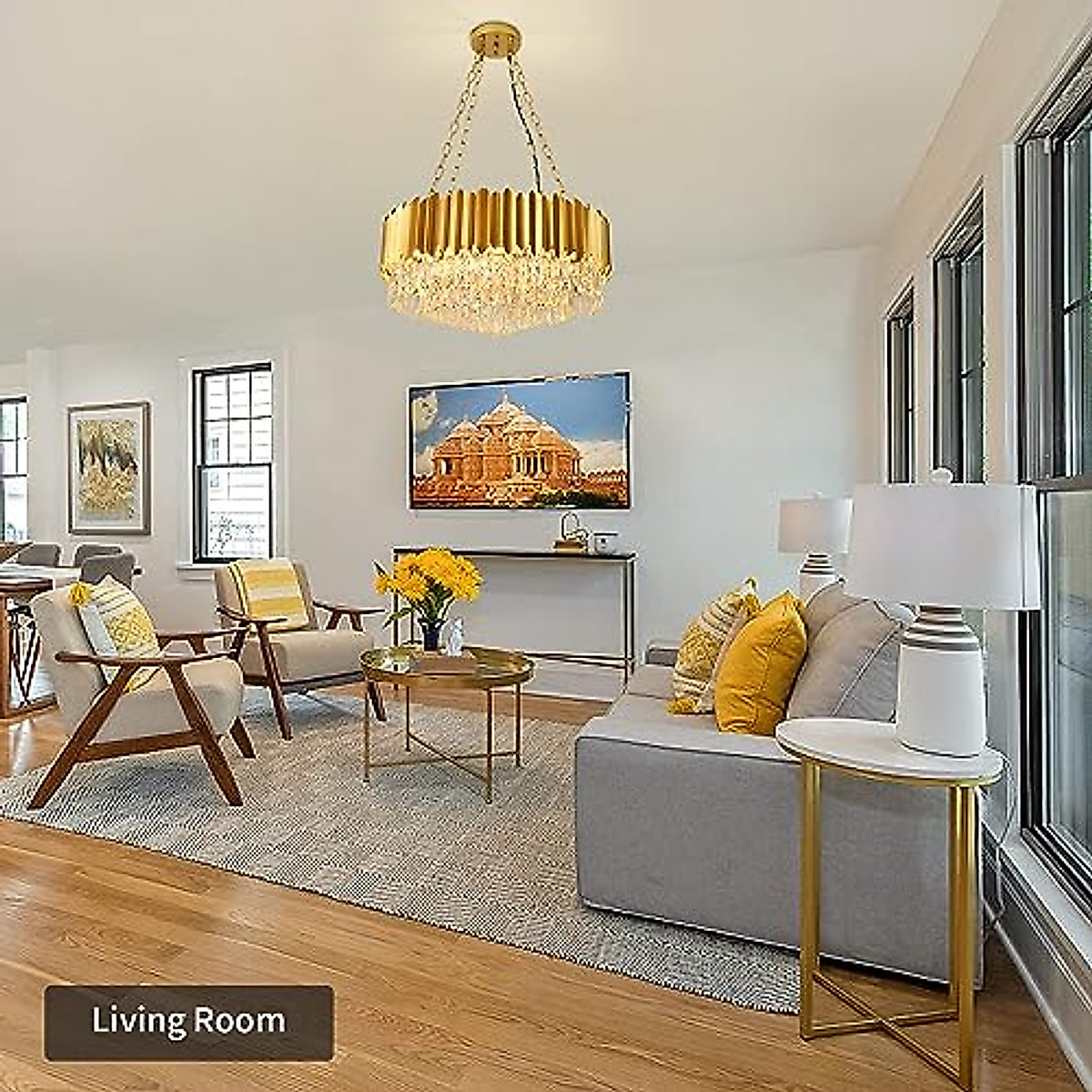 Fitsai Modern Gold Crystal Chandelier Light with Remote Control, Dimmable Round LED Pendant Light, Ceiling Light Fixtures for Dining Room Living Room Bedroom Variable Light