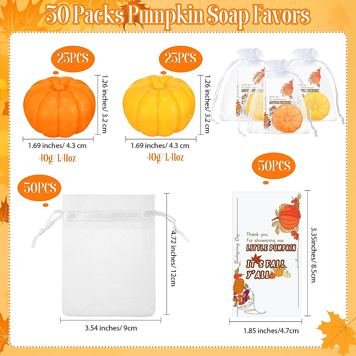 Liliful 50 Sets Mini Pumpkin Baby Shower Favors Included Pumpkin Soap Thanks Cards Drawstring Gift Bags for Fall Bridal Shower Wedding Autumn Thanksgiving Day Party Decorations Gifts(Orange)