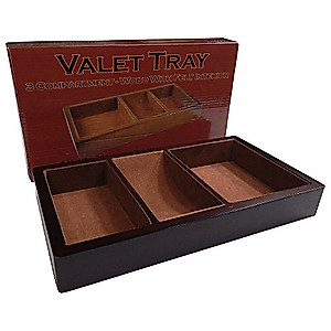 Profile Gifts Woltar Wooden Valet Tray with 3 Compartment Leatherette Organizer Box for Wallets, Coins, Keys, and Jewelry