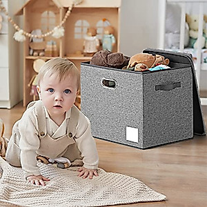 LHZK 6-Pack Extra Large Storage Bins with Lids 16x12x12 Foldable Linen Fabric Storage Boxes with Lids, Decorative Fabric Storage Bins with Label & 3 Handles for Shelves Bedroom Home Office