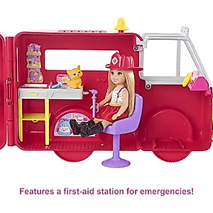 Barbie Chelsea Can Be Doll & Toy Fire Truck Playset with Blonde Small Doll, 2 Pets & 15+ Accessories, Open for Fire Station