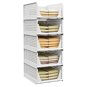 Pinkpum Stackable Plastic Storage Basket-Foldable Closet Organizers and Storage Bins 5 Pack Drawer Shelf Storage Container for Wardrobe Cupboard Kitchen Bathroom Office 5L