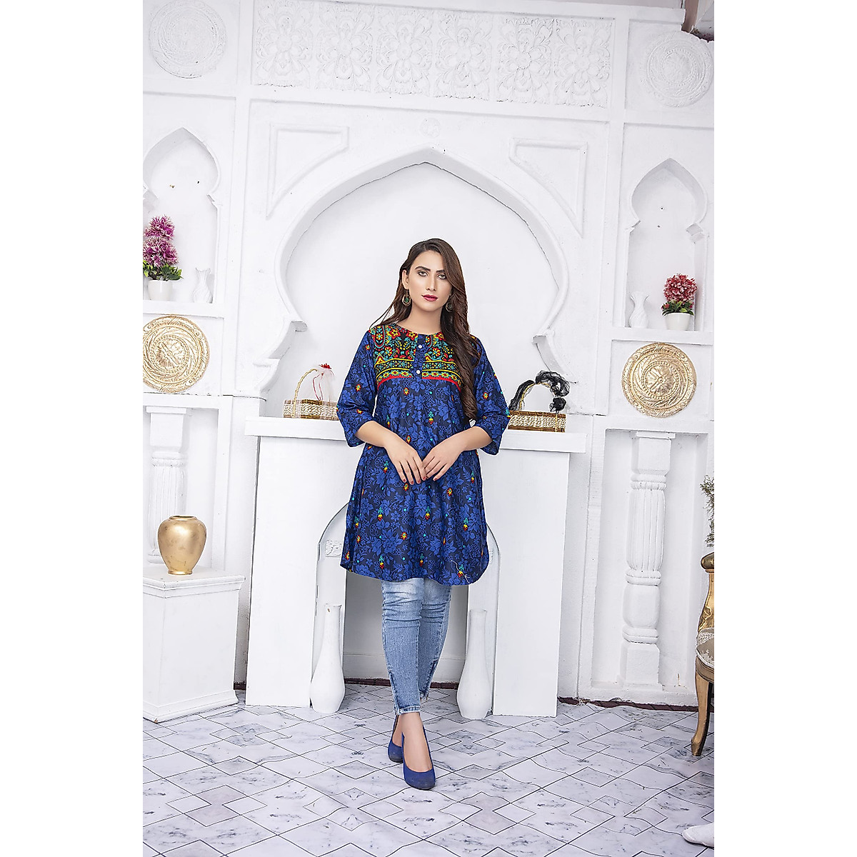 IshDeena Pakistani Kurtis for women Indian Style Cotton Tunics Womens Tops Printed Lawn (Small, Midnight Blue)