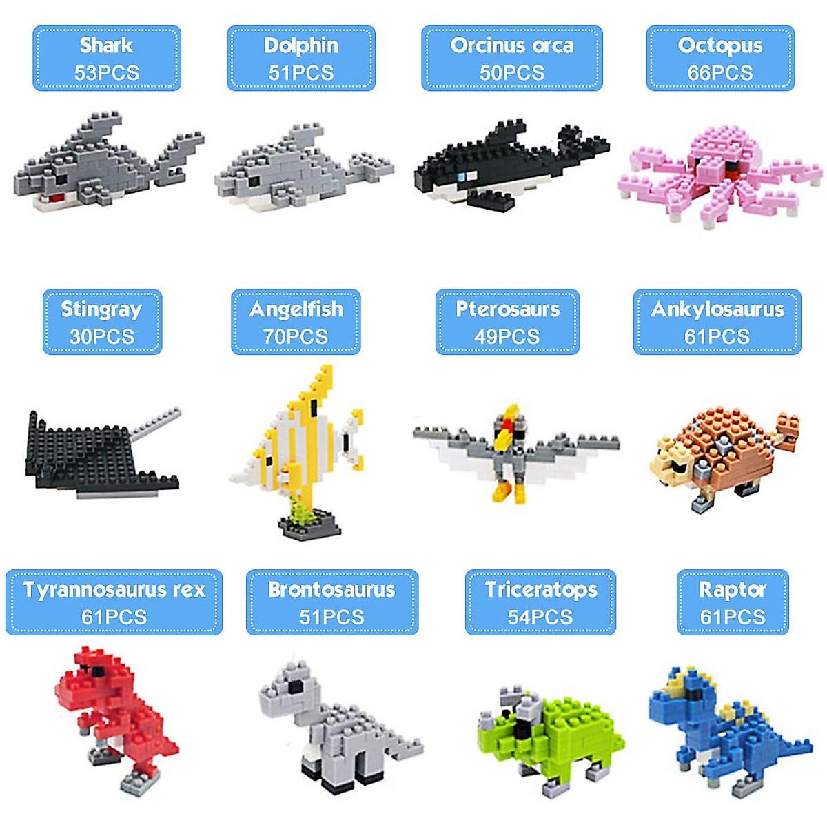 Jellydog Toy Mini Building Blocks, 12 in 1 Dinosaurs Blocks, Ocean Building Sets,Party Favors for Kids, Assorted Mini Animals Building Blocks Sets for Goodie Bags,Prize,Cake Topper…