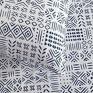 Indigo Ink - Queen Size Sheet Set, 4-Piece Boho Geometric Patterned Bedding, Soft & Wrinkle Resistant (White Denim Collection, Navy Blue)