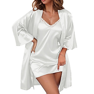 Ekouaer Women's Satin Robe Set Lace Sexy Lingerie Robe Wedding Nightgown 2pcs Cami Bride Party Silk Pajamas Set