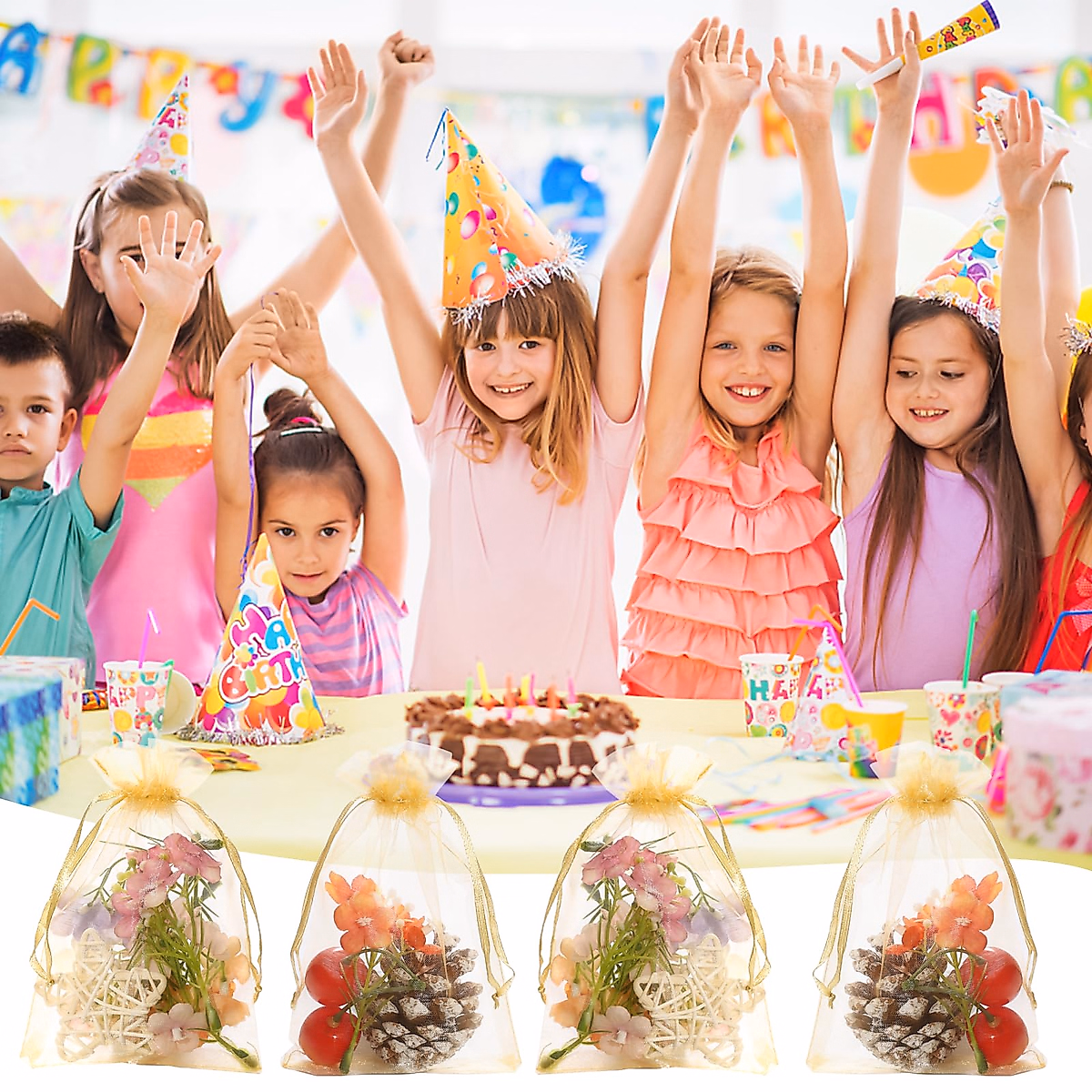 Hopttreely 100pcs Gold Organza Gift Bags, 4 x 6 inch Satin Drawstring Candy Mesh Favor Bags Jewelry Pouches for Christmas Wedding Party