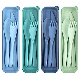 TROUSKAIG 4 Sets Reusable Utensils Set with Case, Travel Utensils with Case, Reusable Utensils for Lunch Box accessories, Portable Knife Fork and Spoon Lunch Utensils Set for Travel Daily Use