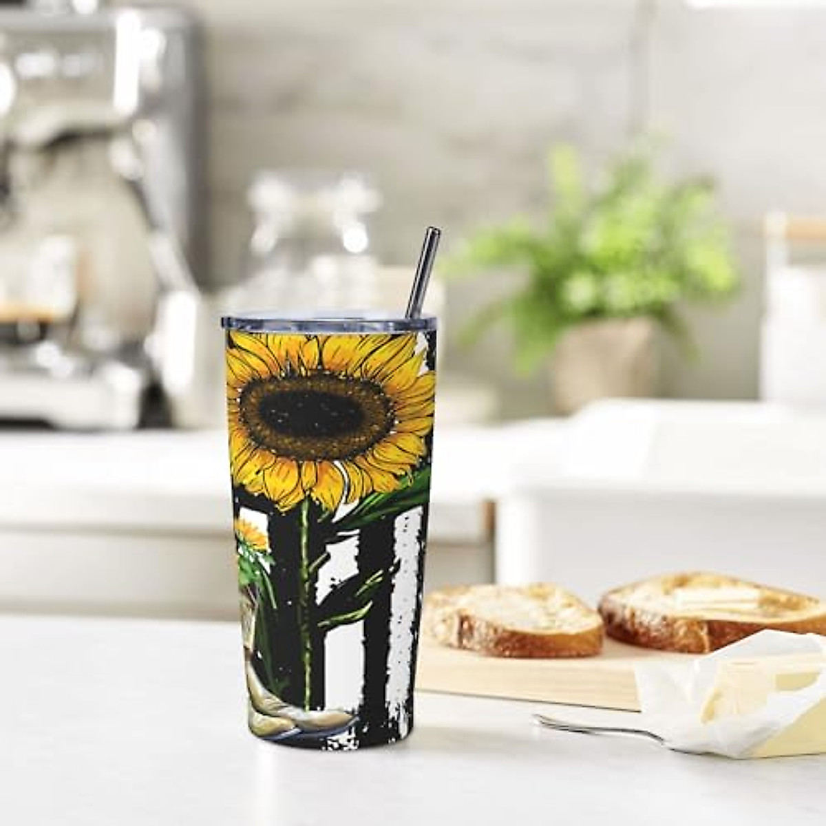 VKKOEWL Sunflower Boots America Flag Stainless Steel Insulated Tumbler 20 Oz Travel Water Bottle Coffee Mug Drink Cup With Lid Straw