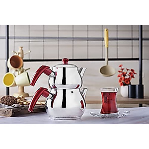 DESTALYA Turkish Teapot Set, Stainless Steel Double Tea Pots for Stove Top, Tea Maker with Strainer, Samovar Style Tea Kettle, Water Heater Warmer (Mini with Red Handles)