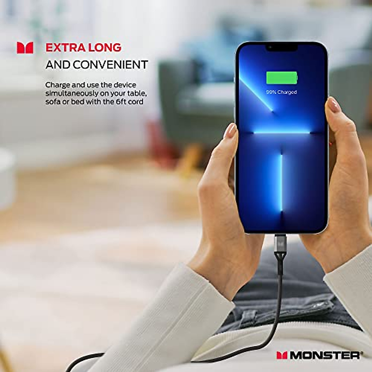 Monster Nylon-Braided 6 or 10 Ft iPhone Charging Cable, Lightning to USB-A (Works w/iPhone SE/11/11 Pro/11 Pro Max/XS/XS Max/XR/X/8/8 Plus/7/7 Plus/6/6 Plus, iPad, iPad Pro, AirPods) (6 Ft, Black)